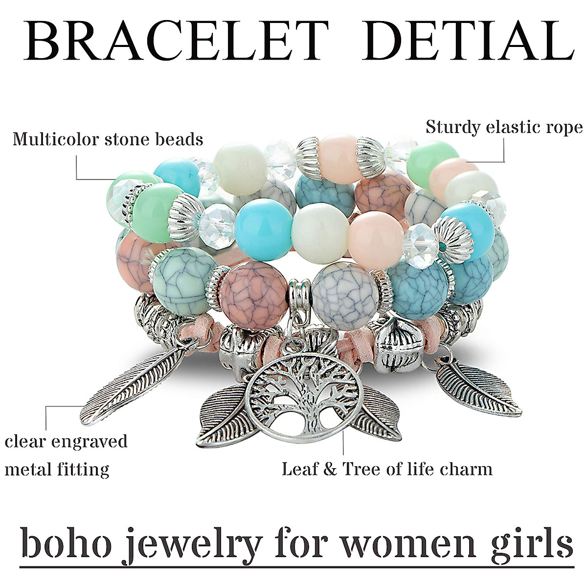 Jstyle 6Sets Bohemian Stackable Bead Bracelets for Women Stretch Multilayered Beaded Bracelet Set Leaf Tassel Charm Bangles Women Gifts