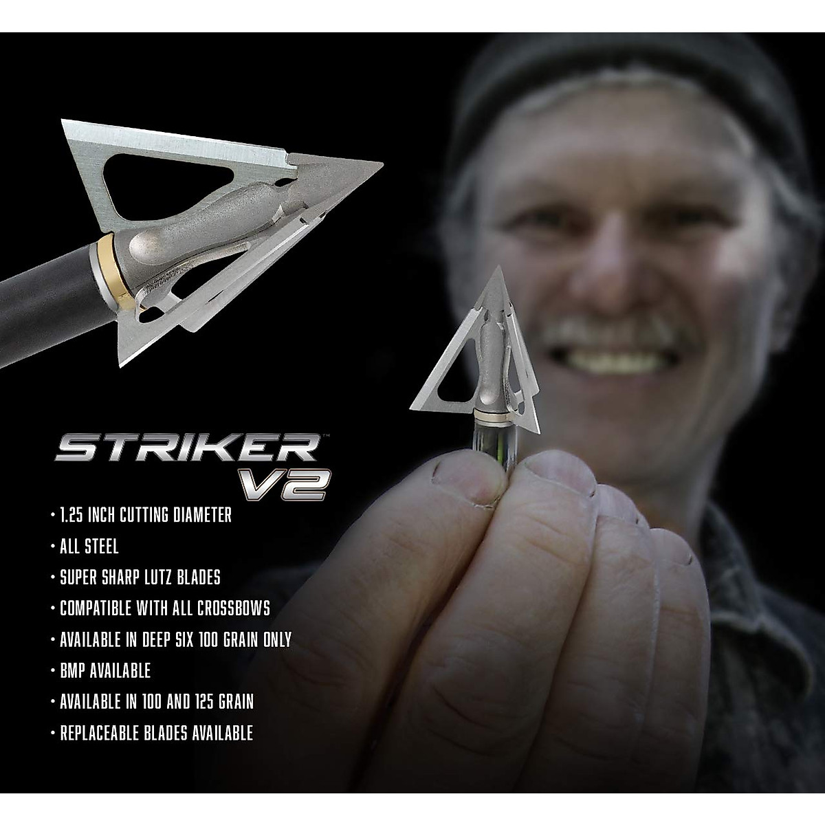 G5 Striker V2 Fixed 3-Blade Broadhead - Archery Hunting Steel Ferrule 100 Grain 1.25" Cutting Diameter Broadhead - Crossbow Version