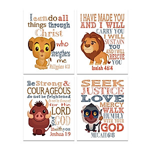 Lion King Christian Nursery Decor Set of 4 Unframed Prints - Mufasa, Pumba, Simba and Timon with Bible Verses