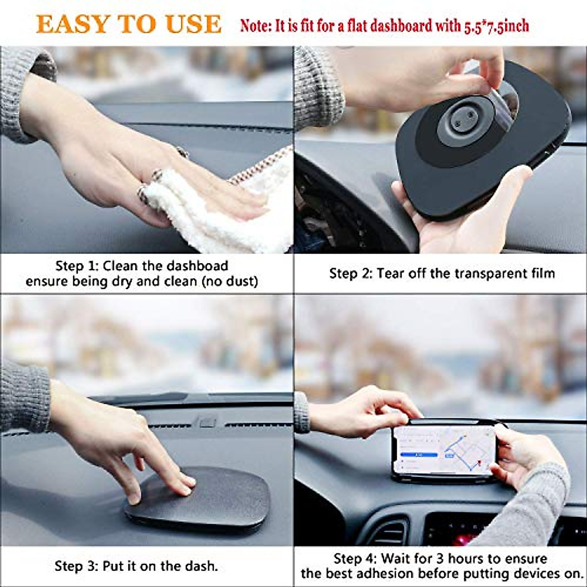 Car Phone Holder Mount, Dashboard Phone Holder for Car, Bosynoy Clamshell Cell Phone Holder Stand, Anti-Slip Silicone Pad Mat Vehicle GPS Mount Compatible with iPhone, Galaxy and All Smartphones-Black