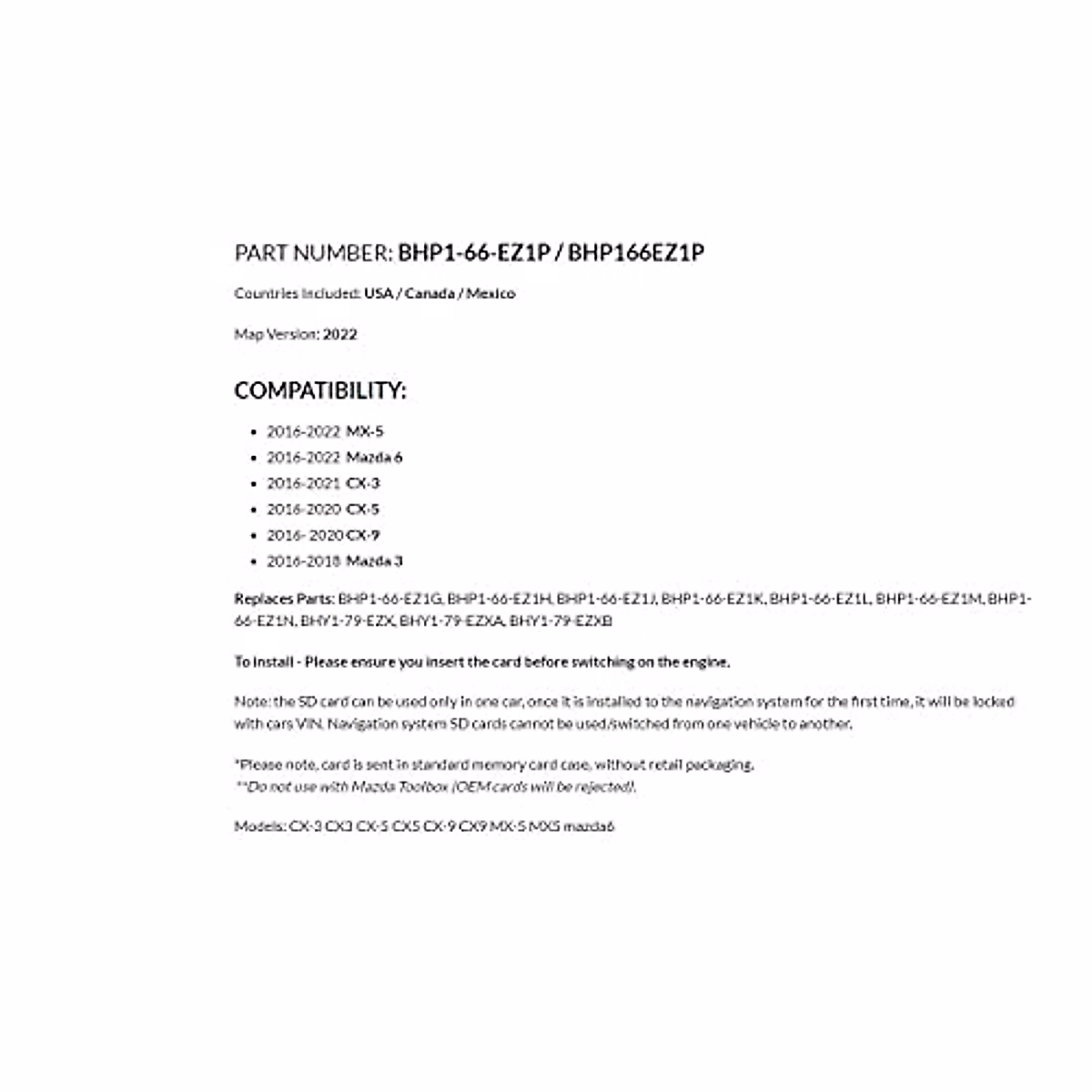 2022 Latest Map Version Navigation sd Card GPS Fits 3 6 CX-3 CX-5 CX-9 MX-5 Miata BHP-166-EZ1P