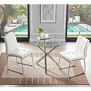 Round Glass Dining Table for 2 to 4 Person - 35.4" Inch Kitchen Dining Room Table with Tempered Glass Top, Sturdy Chrome Legs, Modern Circle Leisure Table for Dinner Apartment Small Spaces