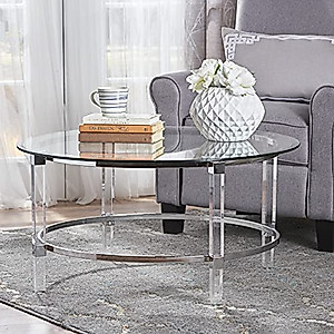 Christopher Knight Home Elowen Modern Round Tempered Glass Coffee Table with Acrylic and Iron Accents, Clear 35.5 in x 35.5 in x 18 in (W x L x H)