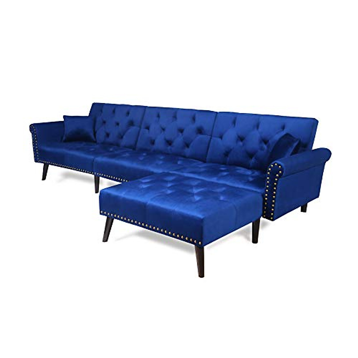 SIU Sectional Convertible Futon Sofa Bed,Mid-Century Button Tufted Sofa 2 Pillows,Reversible Chaise,L Shape Sectional Couch Sleeper Velvet Sleeper Sofa for Living Room Furniture (Navy Blue)