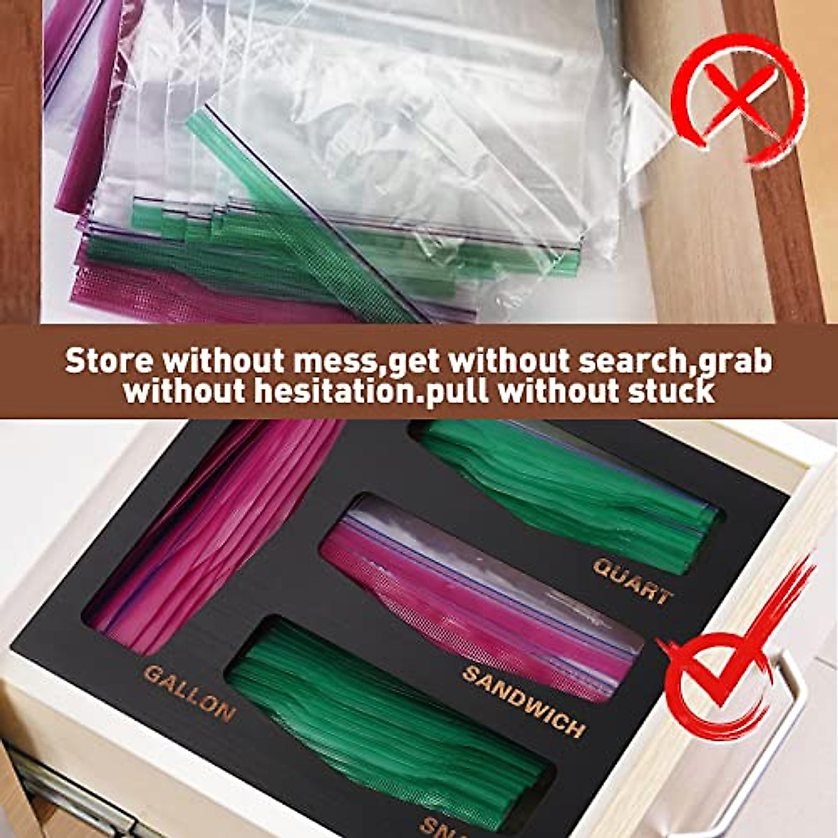 Mohoeey Ziplock Bag Storage Organizer for Kitchen Drawer, Suitable for Gallon, Quart, Sandwich and Snack Variety Size Bag-Black