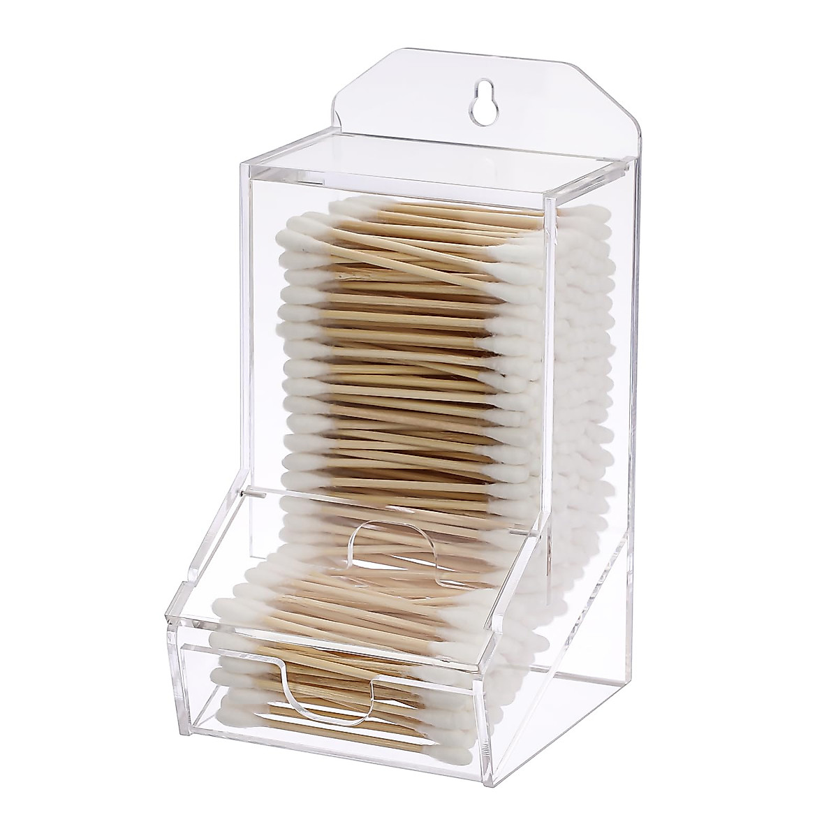 Hipiwe Clear Qtip Dispenser Wall Mount Acrylic Q Tip Holder Bathroom Cotton Ball Organizer Box with Lid Vanity Storage Canister Box for Cotton Swabs Dental Floss, 4"x 3.5"x 6.7"