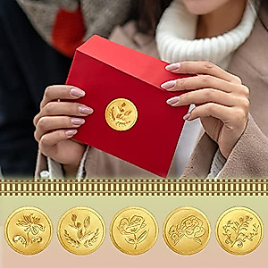 500 Pieces Gold Embossed Envelope Seals Stickers Adhesive Seal Stickers Vintage Embossed Foil Certificate Seal Plant DIY Labels for Wedding Invitations Envelopes, 5 Patterns (Flower Style)