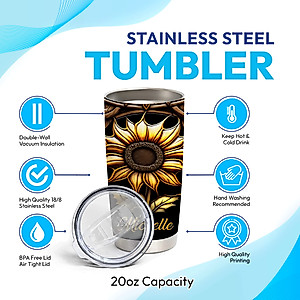 Hyturtle Personalized Gifts For Sunflower Lover - Sunflower Prints Custom Name Stainless Steel Tumbler 20oz With Lid - Idea Floral Lover Gifts For Women Girl On Birthday, Christmas