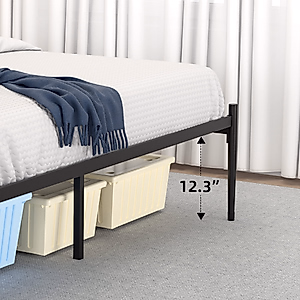 Amyove Queen Size Platform Bed with Metal Headboard, Bed Frame Mattress Foundation with Slat Support and 12.3" Storage Height No Box Spring Needed (Black + Metal, Queen)