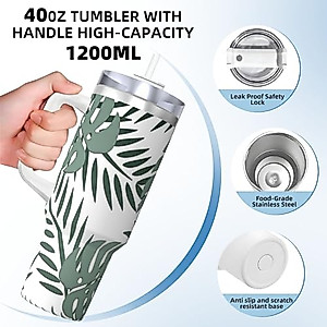Xiexide 40oz Rustproof Outdoor Green Botanical Palms Leaves Double Walled Vacuum Insulatedith Handle And Straw,Hot & Cold Drinks