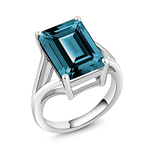 Gem Stone King 925 Sterling Silver London Blue Topaz Solitaire Ring For Women (9.50 Cttw, Emerald Cut 14X10MM, Gemstone Birthstone, Available In Size 5, 6, 7, 8, 9)