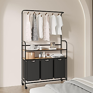 kepptory Laundry Basket 3 Section, 3 × 11.5 Gal (47L), Laundry Hamper Laundry Sorter 3 Section with Shelves and Clothes Hanging Bar, Rolling 3 Compartment Laundry Hamper for Laundry Bathroom Bedroom