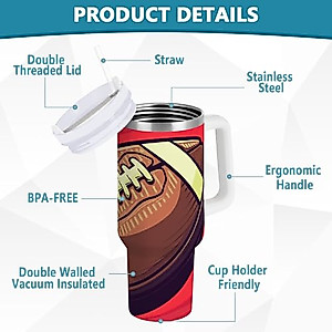 ODAWA 40oz Double Wall Insulated Tumbler, American Football Red Steel Insulated Tumbler with Lid and Straw