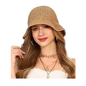 Rulala Fancy Womens Sun Hat Handmade Straw Bucket UV Protection Wide Brim Packable Travel Summer Cap for Beach UPF 50+(Khaki)