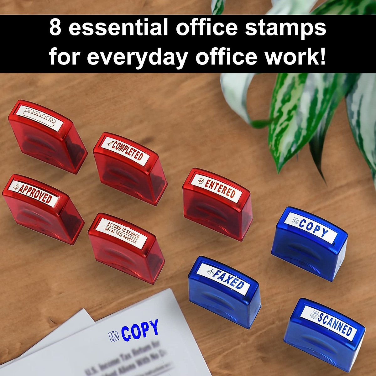 Bertiveny Self Inking Office Stamp Set for Approved Paid Completed Copy Faxed Scanned Stamps, Rubber Business Stamp 8 PCS with Plastic Tray Message Account Stamp Paper Work Text Ink Stampers
