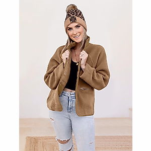 PRETTYGARDEN Women 2024 Fall Winter Fleece Jacket Long Sleeve Casual Button Fuzzy Sherpa Cropped Coats Outerwear with Pockets(Camel,Small)