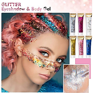 Beteligir 6pcs Face Body Glitter, Concert Glitter Gel, Face Eye Hair Music Festival Rave Accessories Makeup,Sparkling Body Glitter Gel for Women