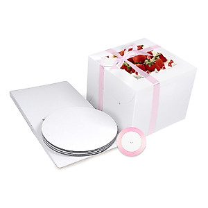 Bakepacker 36pcs 8x8x5 Inches Cake Boxes with Window 8 Inch Bakery Boxes 18-Packs White Cake Boxes (18 Cake boxes +18 Cake Boards+10 Meters Silk Ribbon Includes)