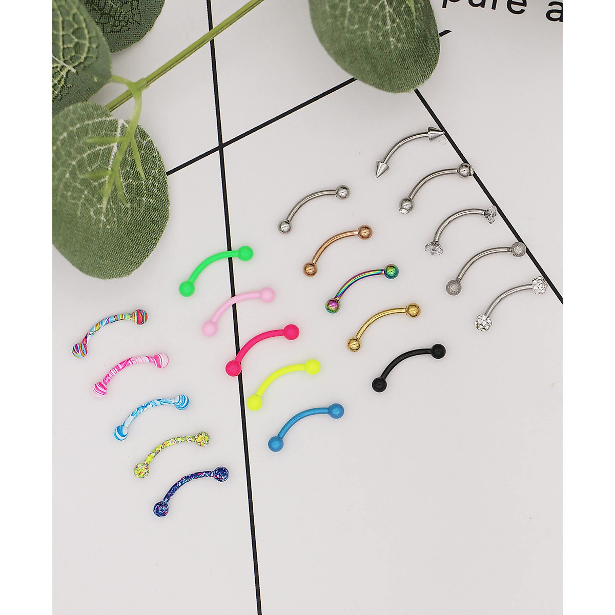 EVELICAL 20Pcs 16G Eyebrow Piercing Rook Curved Barbell Kit Eyebrow Tragus Lip Rings for Women Men 8mm