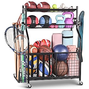 PLKOW Sports Equipment Storage for Garage, Garage Sports Equipment Organizer, Ball Storage Rack, Garage Organizer with Basket and Hooks for Toy Sports Gear Storage