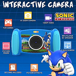 FirstTrends Sonic The Hedgehog Interactive Camera for Kids, Fun Rechargeable Camera for Children with Video, 4 x Zoom Camera, MP3 Player, Cool Games & More- SD Card Included- Aged 3+