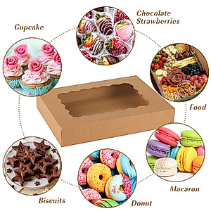 Moretoes 24 Pack Cookie Boxes, 14 x 10 x 2.5 Inches Kraft Bakery Boxes with Window, Brown Treat Boxes for Chocolate Strawberries, Donuts, Pies, Muffins and Pastries