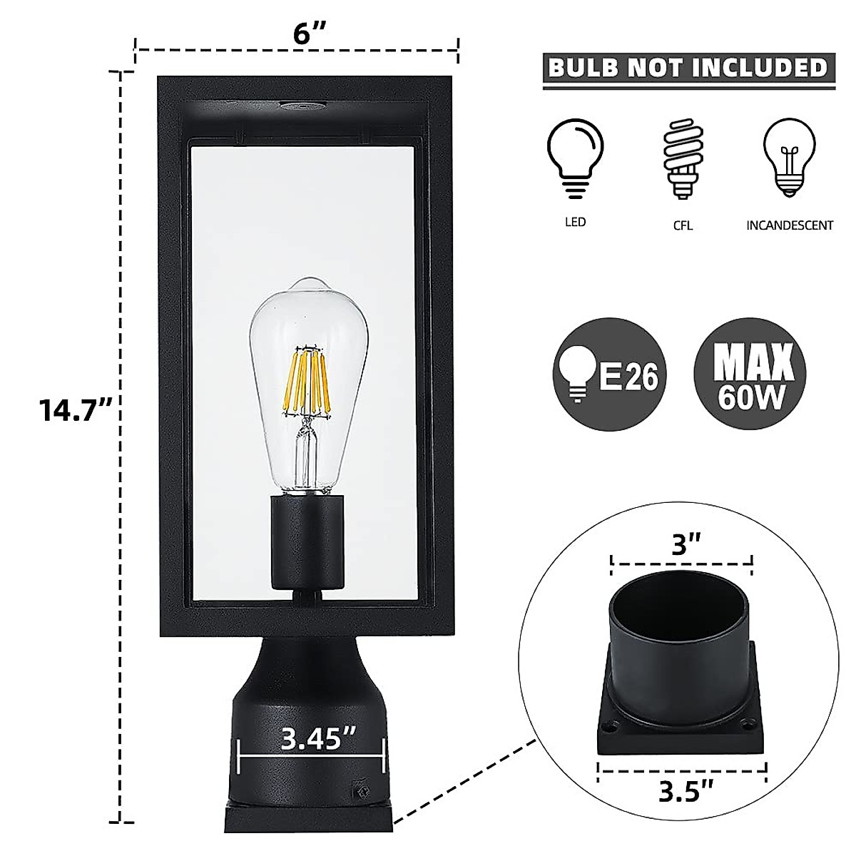 Windben Outdoor Post Light,Lamp Post Light Fixture,Post Lantern with Pier Mount Base,Matte Black,6in,Suitable for Gardens, Yards, Balconies, passages or entrances, etc