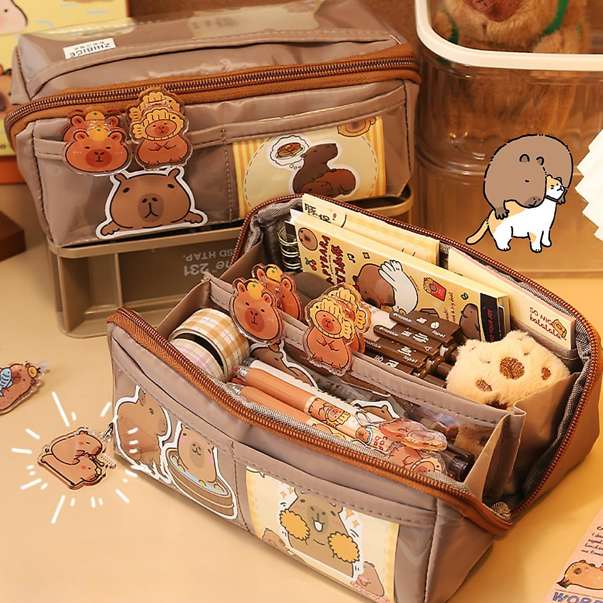 OEIPSMK Capybara Pencil Pouch Case Holder Pen Box Large Capacity Big Zipper Canvas Makeup Bag Bulk Cosmetics Toiletry Storage (brown)