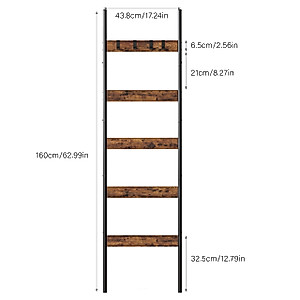 Vantimo Blanket Ladder, 5-Tier Towel Holder with 4 Removable Hooks, Farmhouse Wall Leaning Decorative Rack Shelf, Wooden Towel Display Rack, Quilt Ladder for Living Room, Bedroom