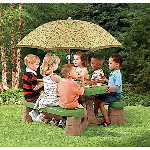Step2 Naturally Playful Kids Picnic Table with Removeable Umbrella, Indoor/Outdoor Toys, Fits 6 Children, Made of Durable Plastic, For Toddlers 3+ Years Old, Green & Leaves