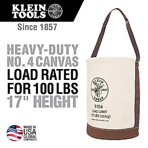 Klein Tools 5104 Canvas Bucket with Leather Bottom, 12-Inch Diameter, 1 Pocket, 100-Pound Load Rated Utility Bucket, Natural