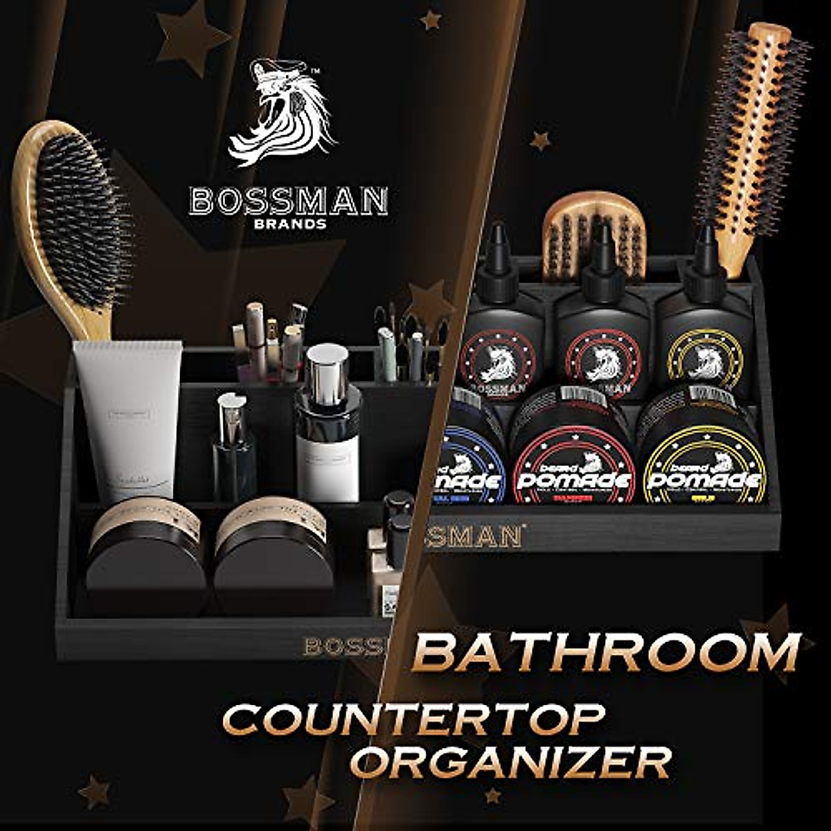 Bossman Bamboo Bathroom Countertop Organizer for Toiletries, Accessories and Grooming Products Storage and Counter Organization (Black)