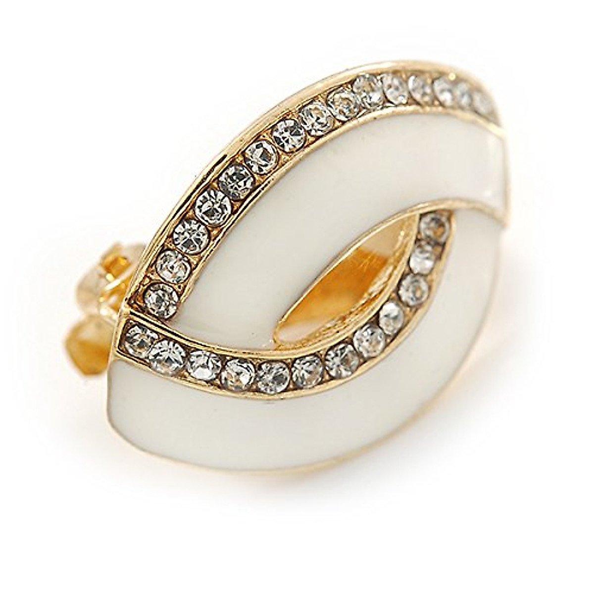 White Enamel Clear Crystal Oval Clip On Earrings In Gold Plaiting - 23mm L