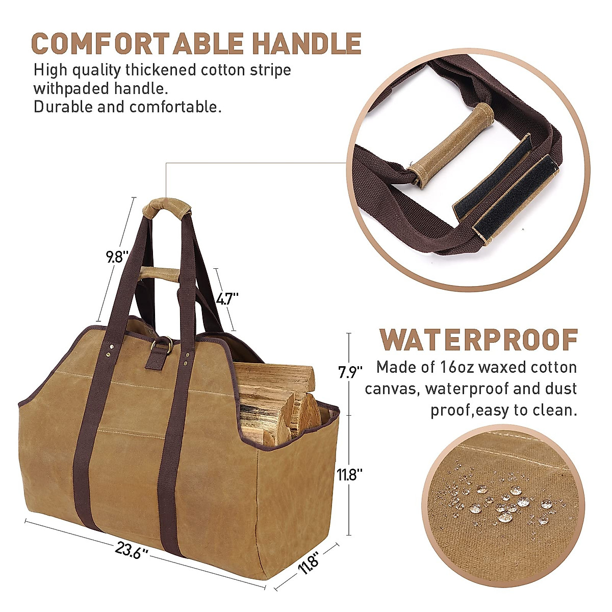MYFIREPLACEDIRECT Waxed Canvas Log Carrier Tote Bag, Extra Large Durable Firewood Holder with Handles and Shoulder Strap, Heavy Duty Wood Carrying Bag for Fireplaces & Wood Stoves Khaki