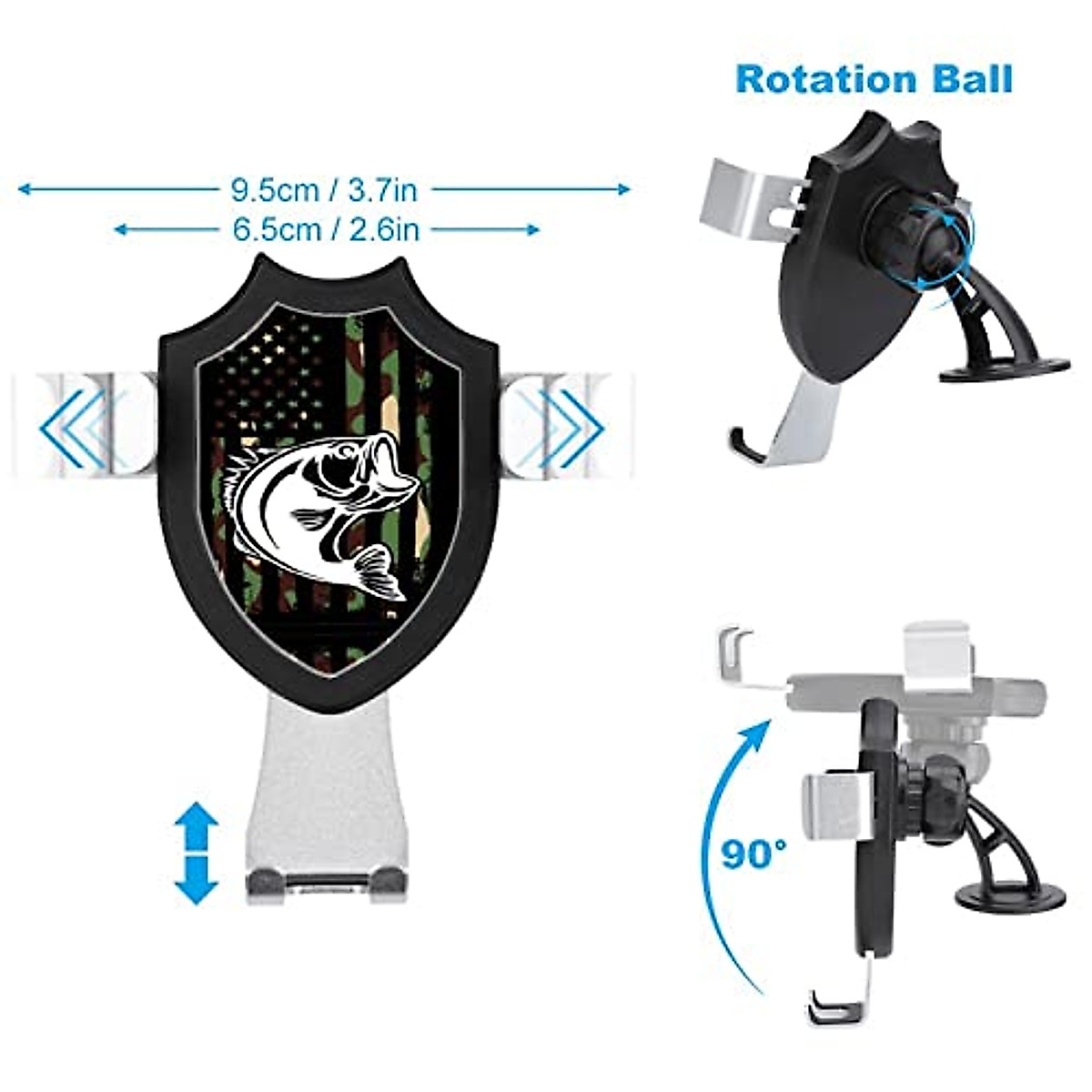 Camouflage American Flag Bass Fishing Car Phone Holder Long Arm Suction Cup Phone Stand Universal Car Mount for Smartphones