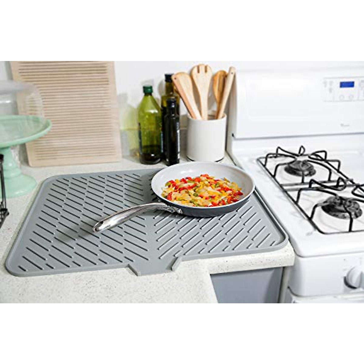 Luxet Silicone Dish Drying Mat with Built-in Drain Lip - Hygienic Drying Pad - Sturdy Compact Easy to Clean Tray Protects Surfaces Prevents Water Build Up - 23 X 17 (Grey)