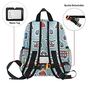 OREZI Cute Cartoon Cars Transport Pattern Toddler Backpack for Boys Girls,Kid's Backpack Schoolbags for Kindergarten Preschool Toddler Travel Bag Snack Bag With Chest Clip