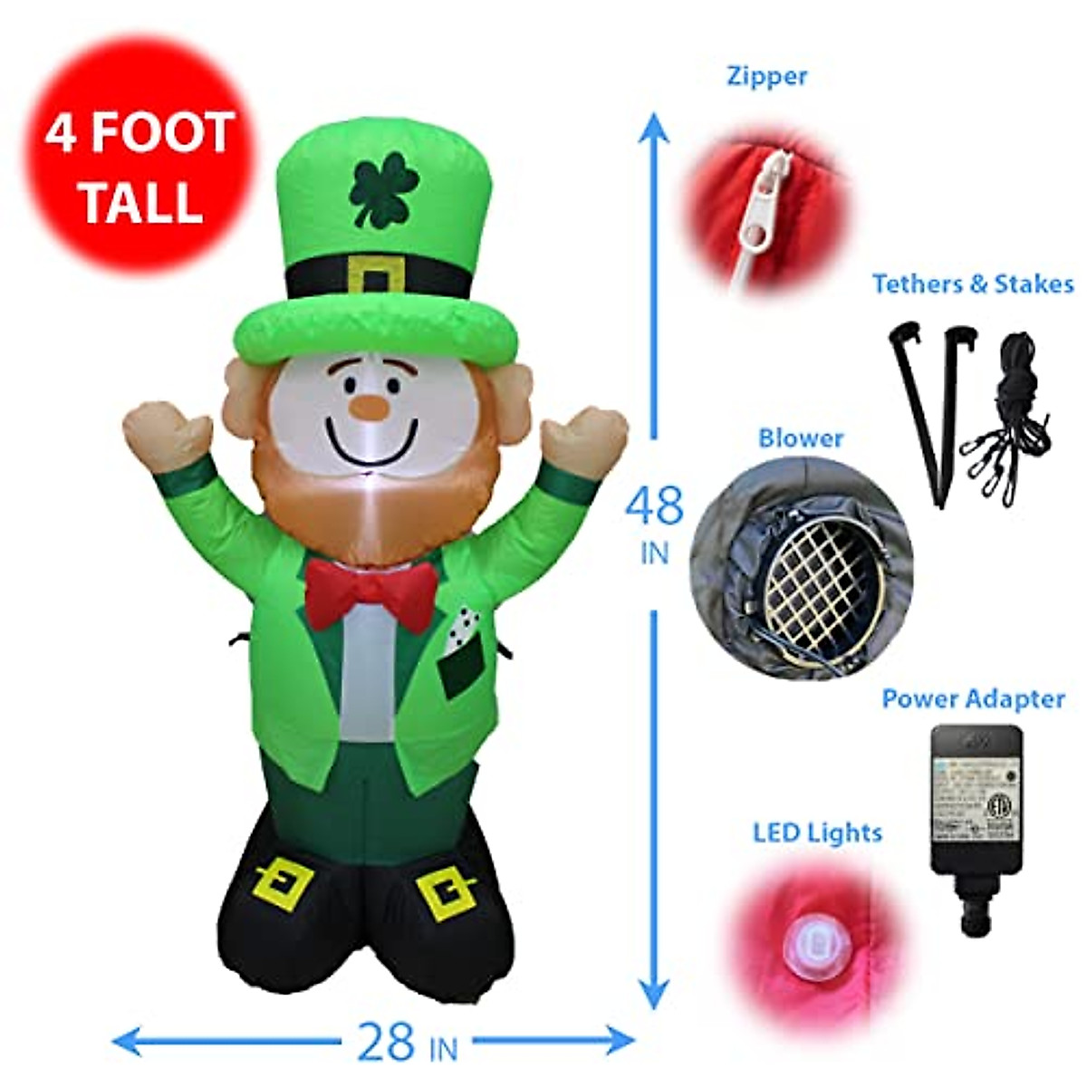 4 Foot Tall Saint Patrick's Day Inflatable Leprechaun with Green Shamrock Hat Pre-Lit LED Lights Cute Lucky Outdoor Indoor Holiday Blow up Lighted Yard Decoration