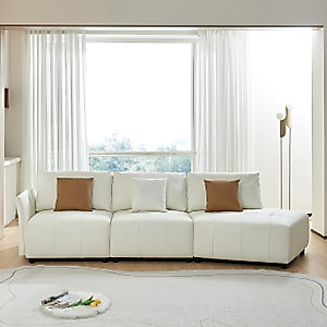 120'' Leather Sectional Couch for Living Room, Modern Modular Sectional Sofa, Ergonomic L Shaped Sofa 4 Seat Sofa, Curved Couch with Button Tufted Seat Cushion & 3 Pillows for Apartment, Office, Beige