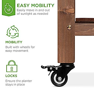 Best Choice Products 57x20x33in Mobile Raised Garden Bed Elevated Wood Planter Box Stand for Backyard, Patio w/Folding Side Tables, Locking Wheels - Brown