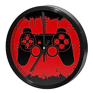 Game Joystick on Red Grunge Background Non-Ticking Wall Clocks, Battery Operated Silent Wall Clock for Bedroom Living Kitchen Office Home Art Decor