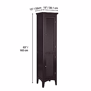 Teamson Home Glancy Tall Slim Freestanding Double Tier Floor Linen Cabinet with 1 Adjustable and 3 Fixed Interior Shelves 5 Storage Spaces and 2 Louvered Doors, Dark Espresso