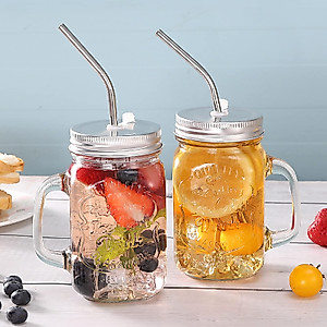 YSJILIDE Smoothie Cup with Lid and Straw, Iced Coffee Cup Reusable, Mason Jar Cups, Mason Jar Drinking Glasses for Juice Coffee Milkshake, Mason Jars with Handle Set of 2 (WHTIE)