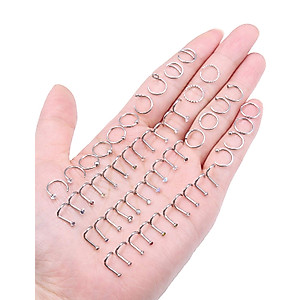 Boernfnso 18G Nose Rings for Women Surgical Steel Nose Rings Hoops Nose Piercing Jewelry,Screw Nose Rings, Corkscrew Nose Ring Studs,Opal Nose Ring CZ Screw Nose Studs，Cute Nose Rings,Silver