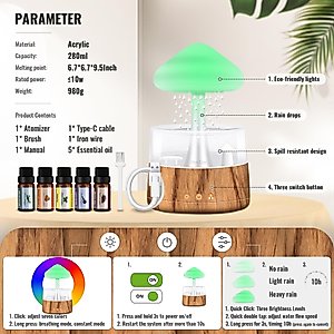 Rain Diffuser, App Control Snuggling Cloud Diffuser with 5 Essential Oils, 7 Changing Colors Night Light, Mushroom Humidifier for Sleeping Relaxing Mood Rain Drop Sound, Wood
