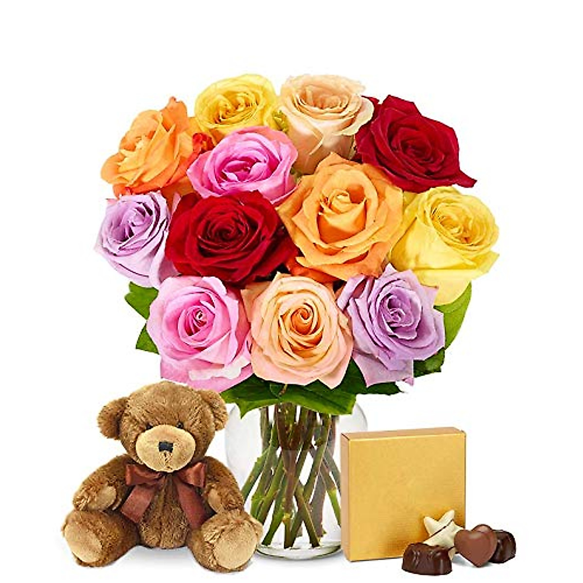 From You Flowers - One Dozen Rainbow Roses with Chocolates & Bear with Free Vase (Fresh Flowers)
