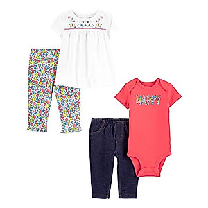 Simple Joys by Carter's Baby Girls' 4-Piece Bodysuit, Top, and Pant Set, Elephant/Floral/Happy Pack, 6-9 Months