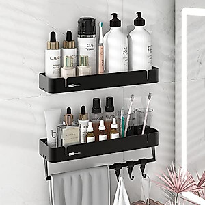 RCHYFEED 15.6”Shower Caddy with Towel Bar, Shower Organizer Adhesive,Metal Rustproof Bathroom Shower Shelf Rack with Hook, Drilling-Free Self Adhesive Storage Shelf for Bathroom & Kitchen(Black)