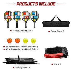 Pickleball Net Set - Portable Pickleball Net System, Steady Metal Frame, 22FT Regular Size, 4 Pickleball Paddles & 4 Balls, 1 Carry Bag, Pickleball Set for Indoor Outdoor Play
