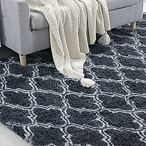 HOMBYS 8x10 Fluffy Area Rug for Living Room Bedroom, Super Soft Geometric Modern Plush Large Play Carpet for Kids, Non-Skid Luxury Fuzzy Décor Shag Feet Mat for Bedside, Grey